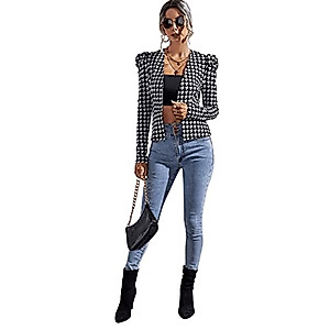 SweatyRocks Women's Casual Houndstooth Blazer Long Puff Sleeve Open Front Jacket Black White M