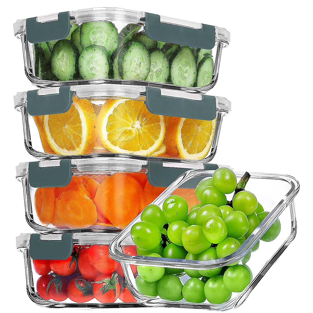 VERONES 5 Pack 36 OZ Glass Meal Prep Containers, Airtight Glass Lunch Containers Set, Glass Food Storage Containers with Lids,BPA-Free, for Microwave, Oven, Freezer & Dishwasher Friendly,Grey