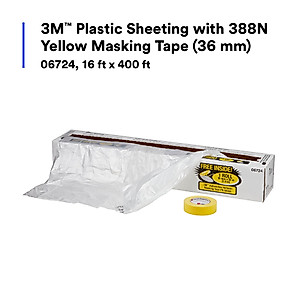 3M Plastic Sheeting With 388N Yellow Masking Tape (36 mm), 06724, Tear Resistant, Easy To Cut, Durable, 16 ft x 400 ft