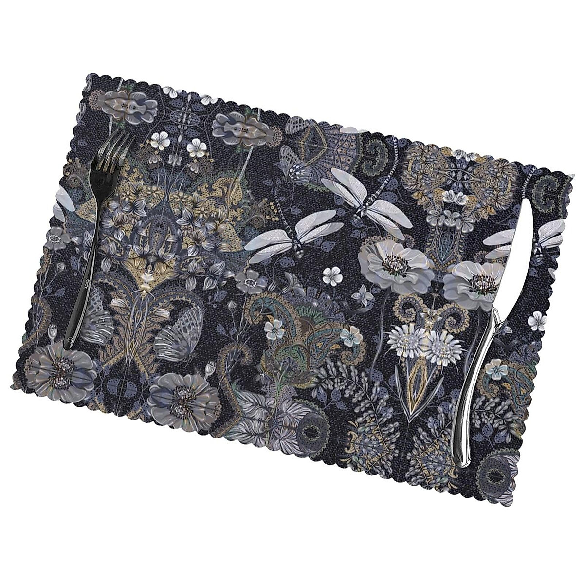Placemats, Dragonflies Grey Print Placemats Set of 6, Heat Resistant Place Mats, Washable Table Mats