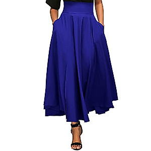 Rooscier Women's Elastic High Waist Tie Knot Back A-Line Flared with Pockets Long Skirt Royal Blue Small