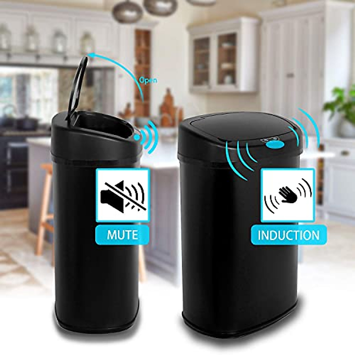 HCB Trash Can Automatic Waste Bin Mute Metal Garbage Can with Lid Stainless Steel 13 Gallon 50 Liter for Kitchen | Office | Bedroom | Bathroom | Living Room (Black)