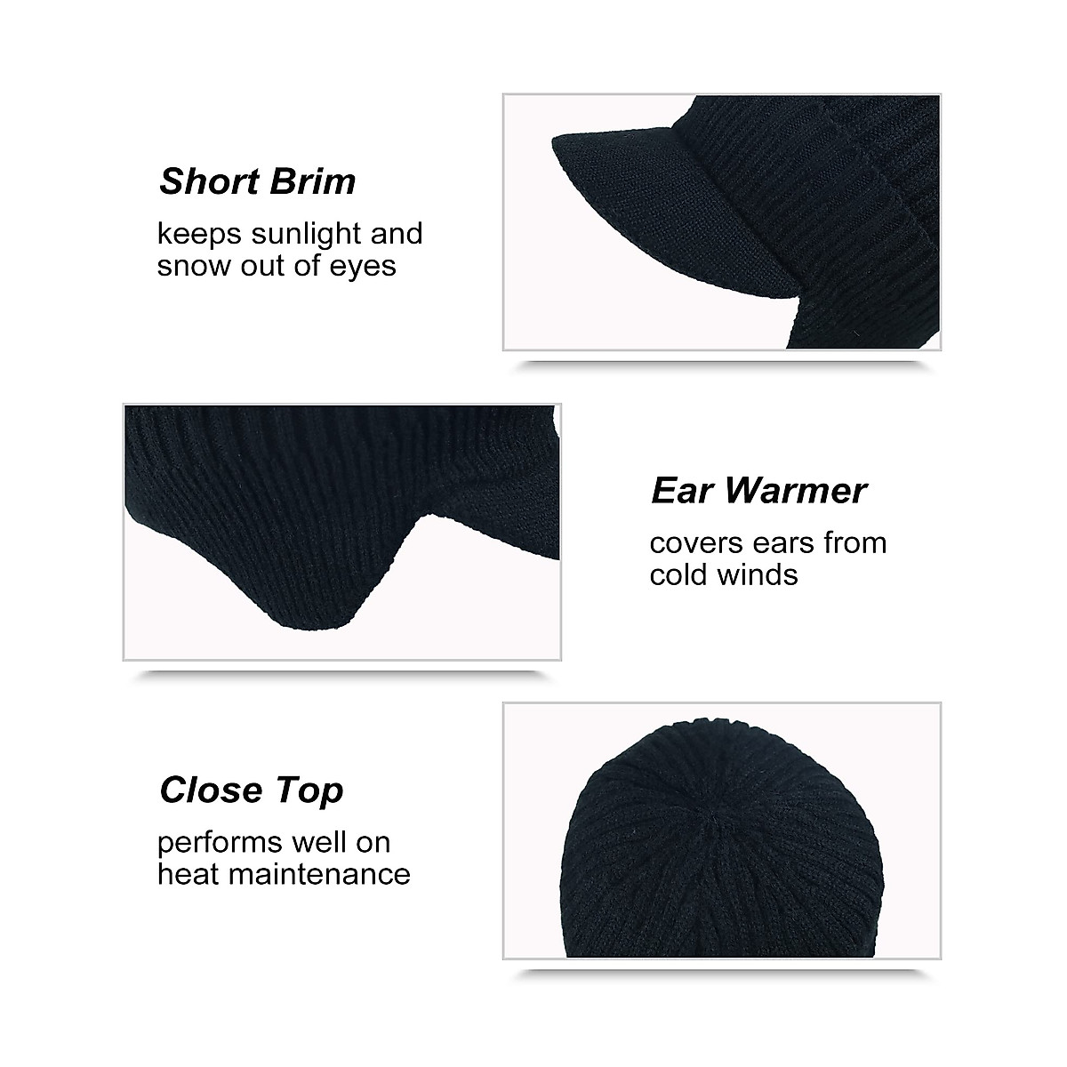Koreshion Men's Winter Visor Beanie Hat with Earflaps Knit Baseball Cap with Brim Ski Hat Warm Fleece Lined Hunting Hat Black