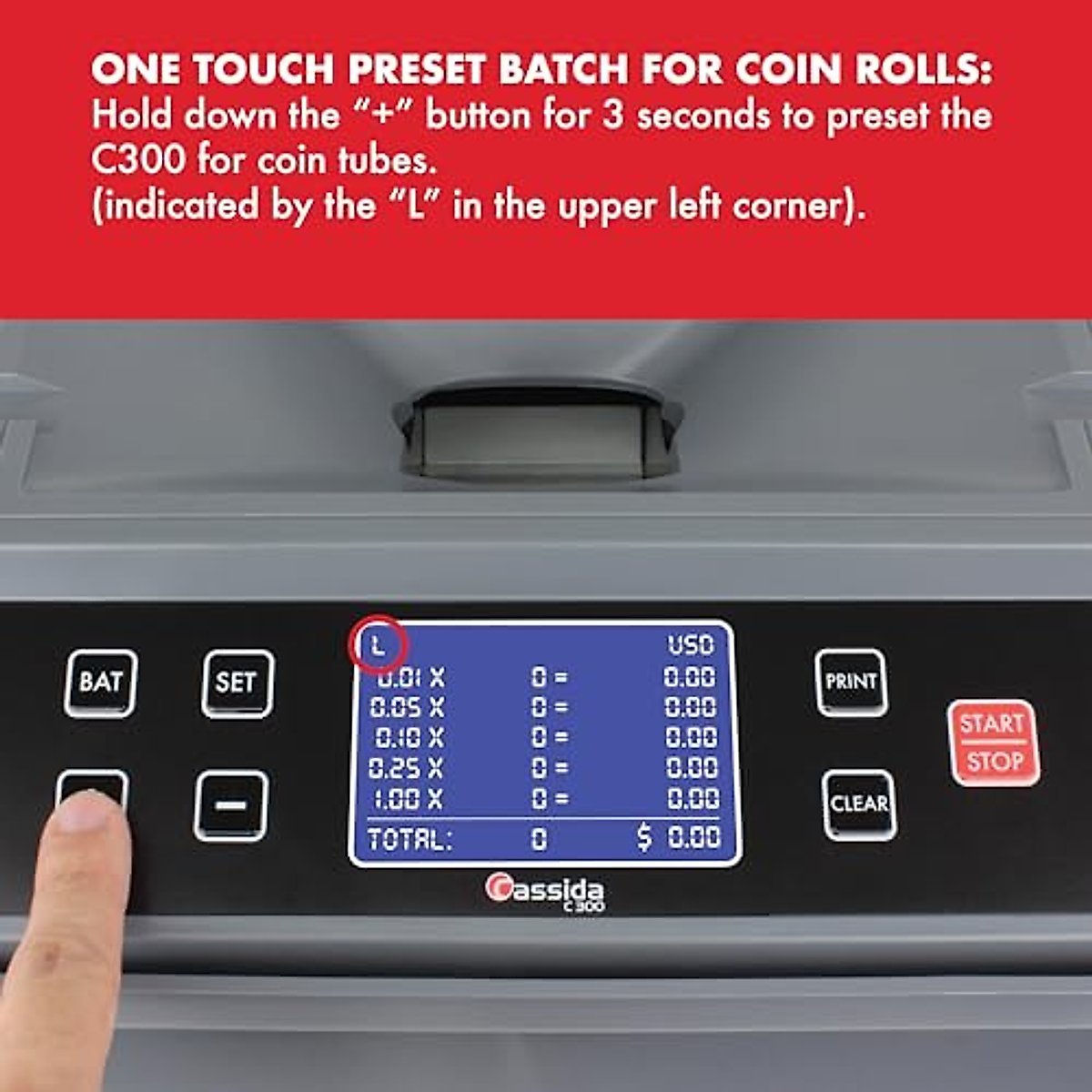 Cassida C300 Professional USD Coin Counter, Sorter and Wrapper/Roller, 300 coins/min, with Quickload and Printing-Compatible,Gray