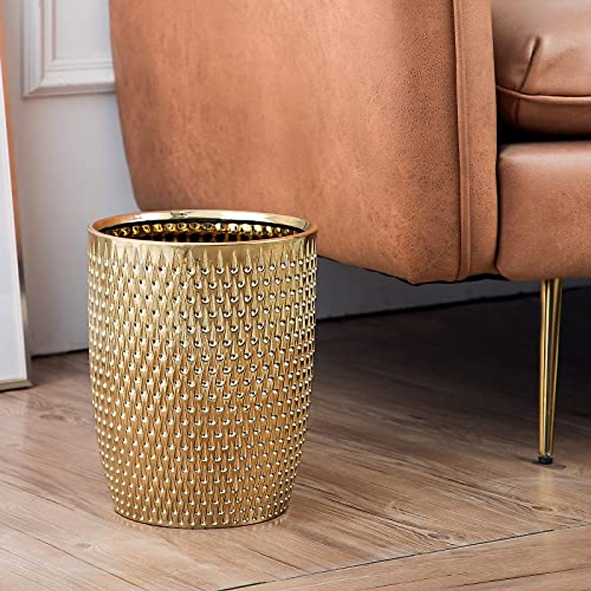 Modern Golden Small Trash Can Wastebasket, Garbage Container Bin for Bathrooms, Powder Rooms, Kitchens, Home Offices - Durable Ceramics - Round