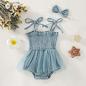 Meihuida Newborn Baby Girl Sleeveless Romper with Headband Summer Clothes Cotton Linen Bodysuit Tulle Tutu Skirt Blue 0-3 Months