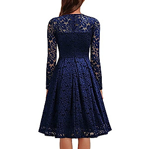 MISSMAY Women's Vintage Floral Lace Long Sleeve V Neck Cocktail Formal Swing Dress (Large, Navy Blue)