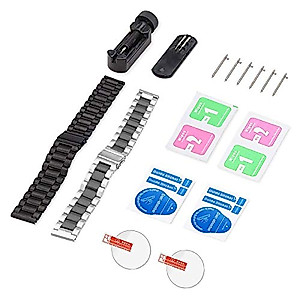 valkit Compatible Galaxy Watch 46mm/Galaxy Watch 3 45mm Bands, 2 Pack 22mm Stainless Steel Solid Metal Wrist Band Business Strap + Screen Protector for Gear S3 Frontier/Classic, Sliver/Black+Black