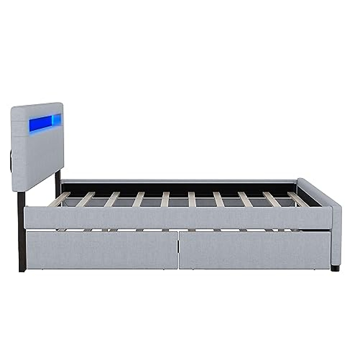 Prohon Bed Frame Queen Size with Twin Size Trundle, 2 Drawers, LED and USB Charging, Upholstered Storage Platform Bed, Large Storage Space Design w/Wooden Slat Support Mattresses Foundation, Gray