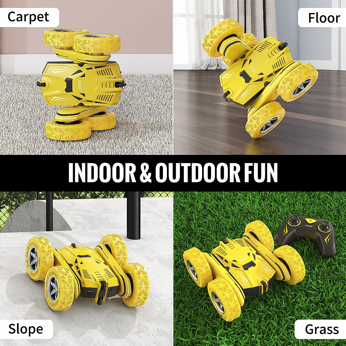 SGILE RC Stunt Car Toy Gift, 4WD Remote Control Car with 2 Sided 360 Rotating Rc Car for Kids Girls Boys Age 6 7 8 12, Yellow