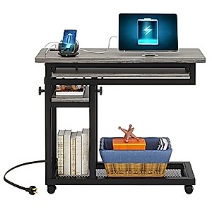 Tribesigns Small Portable Desk with Power Outlet, Height Adjustable Sofa Couch Bedside Laptop Table with Wheels, Mobile Standing Desk Rolling Computer Cart C Side Table with USB Ports