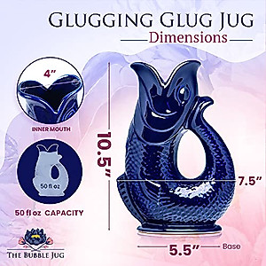 The Bubble Jug® Dark Cobalt Blue 50 fl oz 1.5L Litre Extra Large Glug Gurgle Pitcher Jug - Fish Shaped Jug - Decorative Ceramic Glugging Cocktail, Water and Gin Jug and Gurgling Carafe Pot