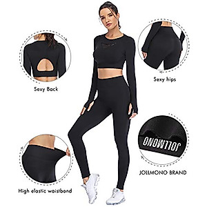 JOLLMONO Workout Sets for Women 2 Piece Yoga Gym Outfits Seamless Ribbed Leggings with Long Sleeve Tops(8003S-Black)