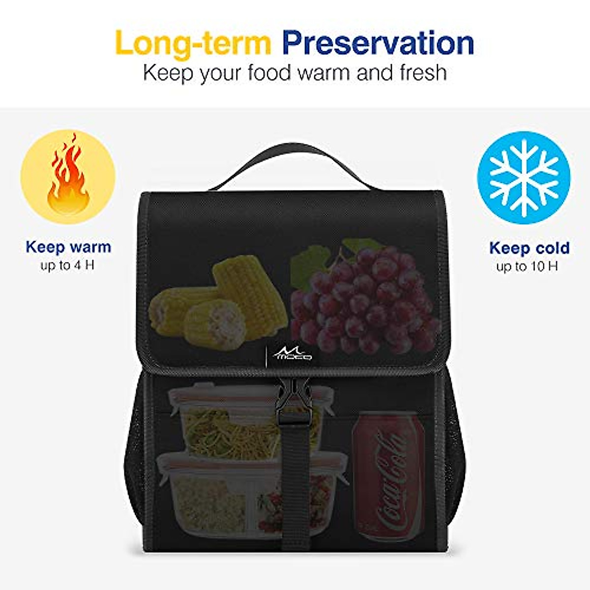 MoKo Insulated Lunch Bag, Reusable Cooler Tote Bag, Collapsible Multi-use Lunch Box, Thermal Lunch Sack with Zipper Closure for Travel Picnic Office, Black