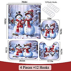 XVWJ 4Pcs Christmas Tree Snowman Shower Curtain Set with Rugs, Dreamy Snowman Couples Bathroom Set with Shower Curtains with Hooks, Waterproof Fabric Christmas Bathroom Decorations Shower Curtain Set