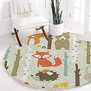 EwdeWwo Shag Area Rug, 3ft Indoor Round Area Rugs- Cartoon Bunny Bear Fox Animal Forest Shaggy Carpet Nursery Rug for Kids Baby Bedroom Living Room Home Decor