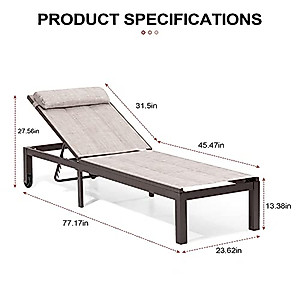 Crestlive Products Aluminum Patio Chaise Lounge Chair Five-Position Adjustable Outdoor Recliner with Headrest and Wheels All Weather for Patio, Beach, Yard, Pool (2 PCS Beige)