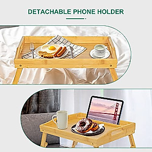 Bed Tray Table for Eating - Bamboo Breakfast Food Table with Phone Tablet Holder - Adjustable Height Serving Tray with Folding Legs on Lap Sofa - Portable Laptop Snack Platter for Bedroom Picnic