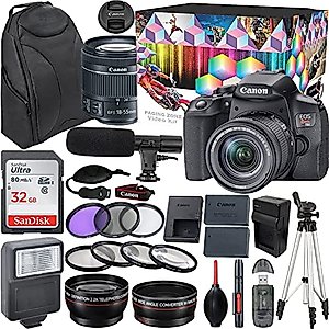 Camera Bundle for Canon EOS Rebel T8i DSLR Camera with EF-S 18-55mm f/4-5.6 is STM + Shotgun Microphone with Video Kit Accessories (32GB, Tripod, Flash, and More)