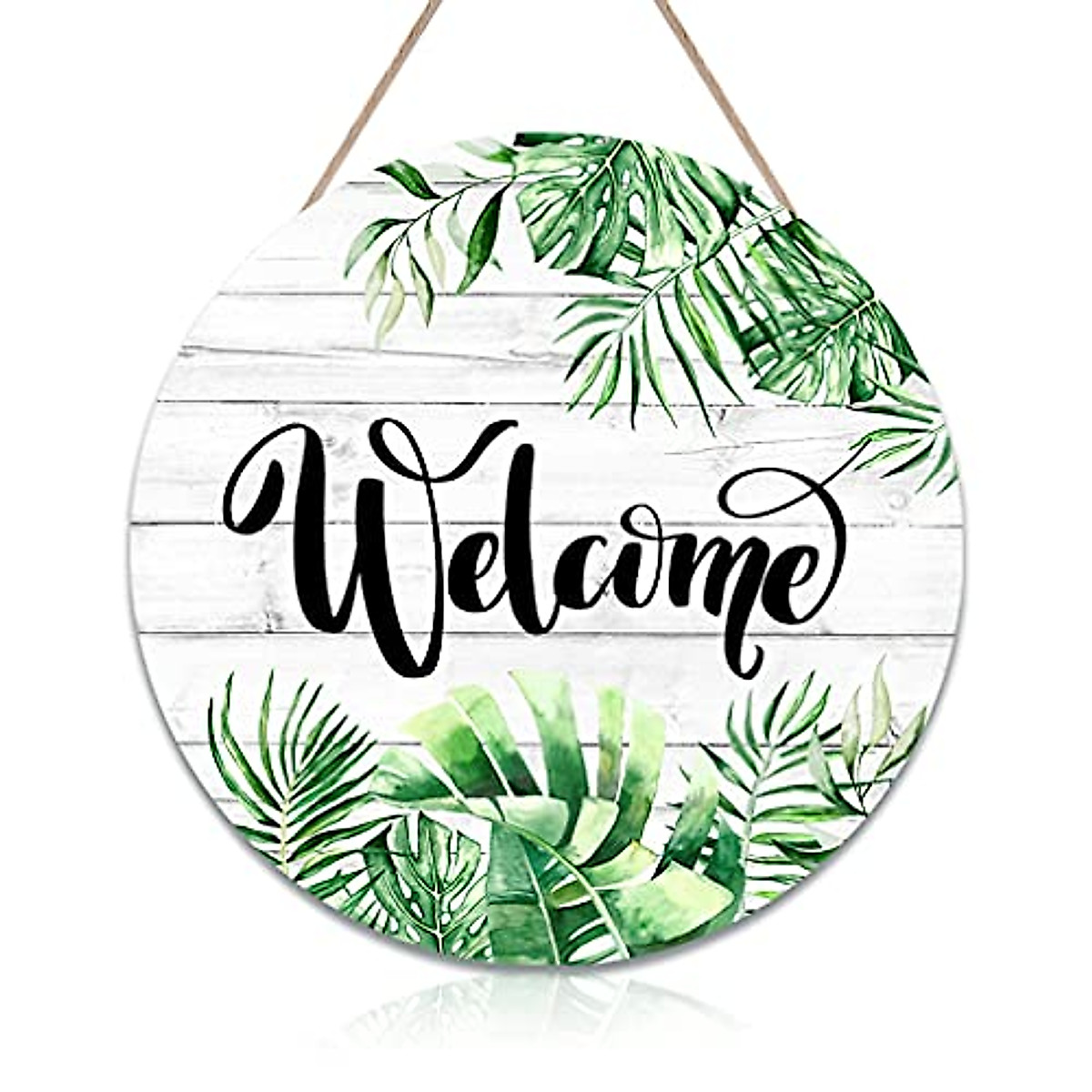 CHDITB Tropical Green Palm Leaves Welcome Sign Wall Decor(12''x12''), Botanical Plant Wooden Hanging Sign, Welcome Spring Door Sign Plaque with Palm Leaf for Home Office Farmhouse Yard Garden