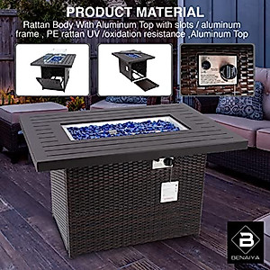 BENAIYA Patio Fire Pit Table 44x 32x 26, 50000 BTU Gas Heater for Gardens, Outdoor Firepit with Wind Guard, Stainless Steel Burner & Brown Rattan Body