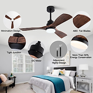 OMYU 42 Inch Ceiling Fan with Lights, ABS Blades 3 Color Temperatures and Quiet Reversible DC Motor, Modern Brown 42 Inch Ceiling Fans for Bedroom Living Room Study Office