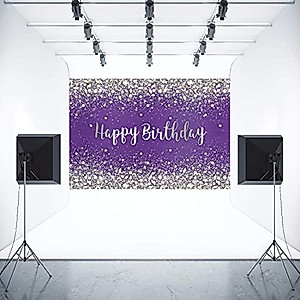 Aperturee 7x5ft Glitter Purple Diamonds Happy Birthday Backdrop Shinning Silver Bokeh Dots Women Girls Photography Background Sweet 16 Party Decorations Cake Table Banner Supplies Photo Booth Studio