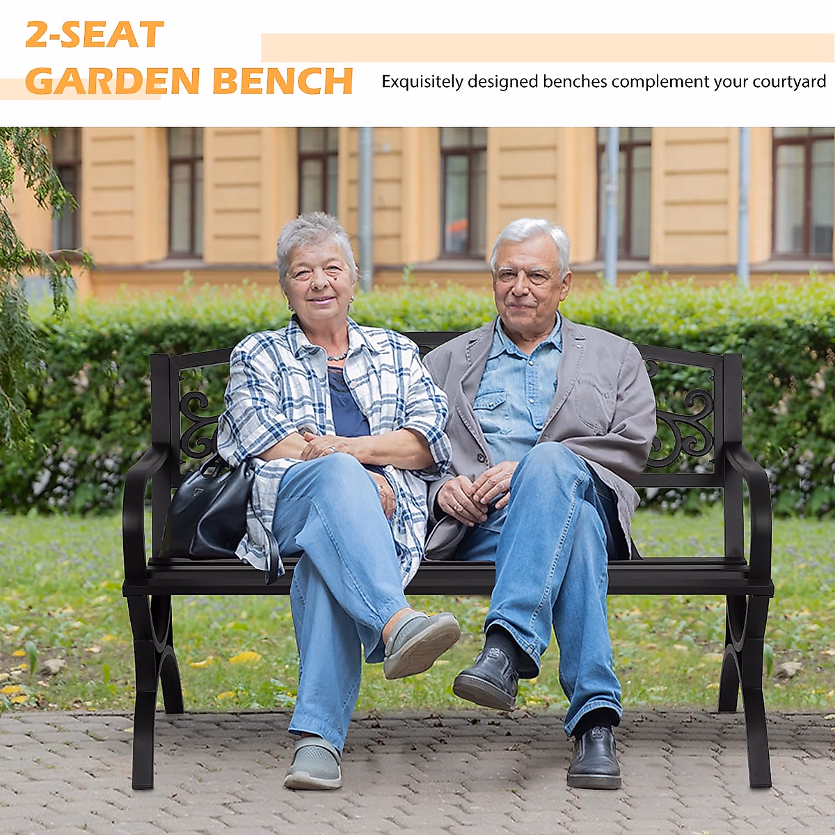 PayLessHere Black Outdoor Metal Loveseat Chairs Patio Garden Bench 50-inch Slatted Seat Armrests Floral Design Backres Perfect for Park, Yard, Porch, Lawn, Balcony, Backyard