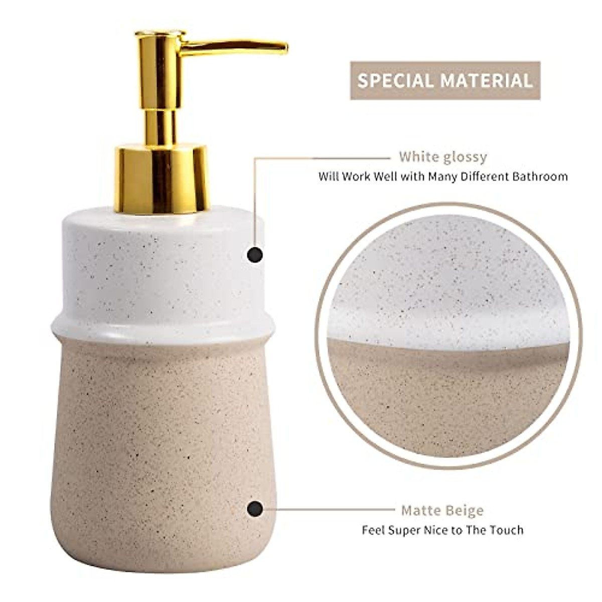 Bathroom Accessory Set 4 Piece & Small Trash Can Wastebasket, Rustic Farmhouse Bathroom Decor, Living Room Decor, and Accessories, Sand Glaze Non-Slip Design, Beige