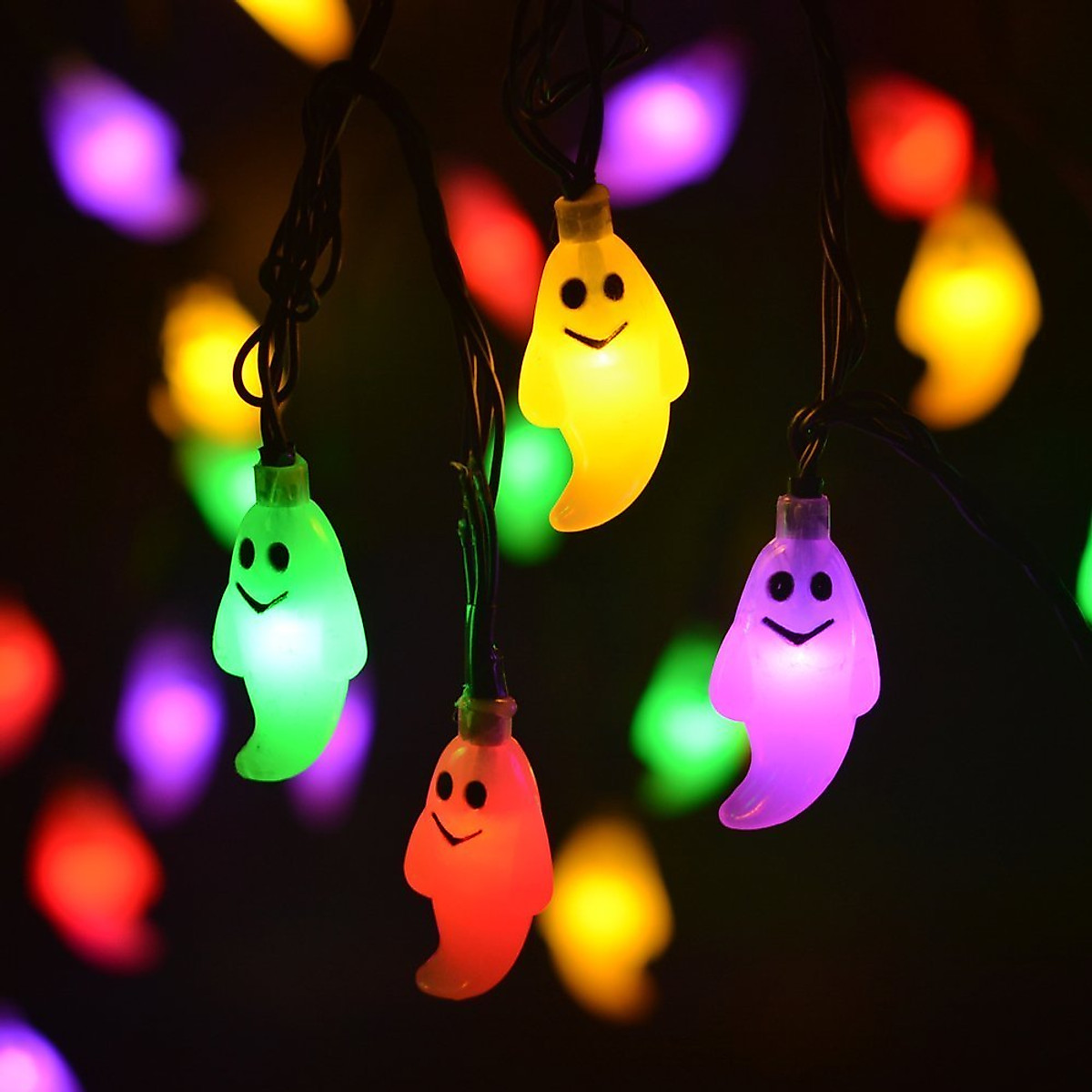 DINOWIN Halloween Ghosts Lights, Solar Ghost String 16ft 20 LED Ghost Fairy String Lights Waterproof for Home Indoor Garden Lawn Patio Trees Weddings (Multicolor)