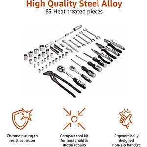 Amazon Basics 65-Piece General Household Home Repair and Mechanic's Hand Tool Kit Set, Black