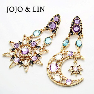 JOJO & LIN 18K Real Gold Plated Asymmetrical Earrings Sun Moon Star Statement Earrings for Women