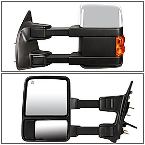 Pair of Rear View Side Towing Mirrors - Manual Telescoping | Power Adjust | Heated Glass | Amber LED Turn Signal - Compatible with Ford F250-F550 Super Duty 99-07, Driver and Passenger Side, Chrome