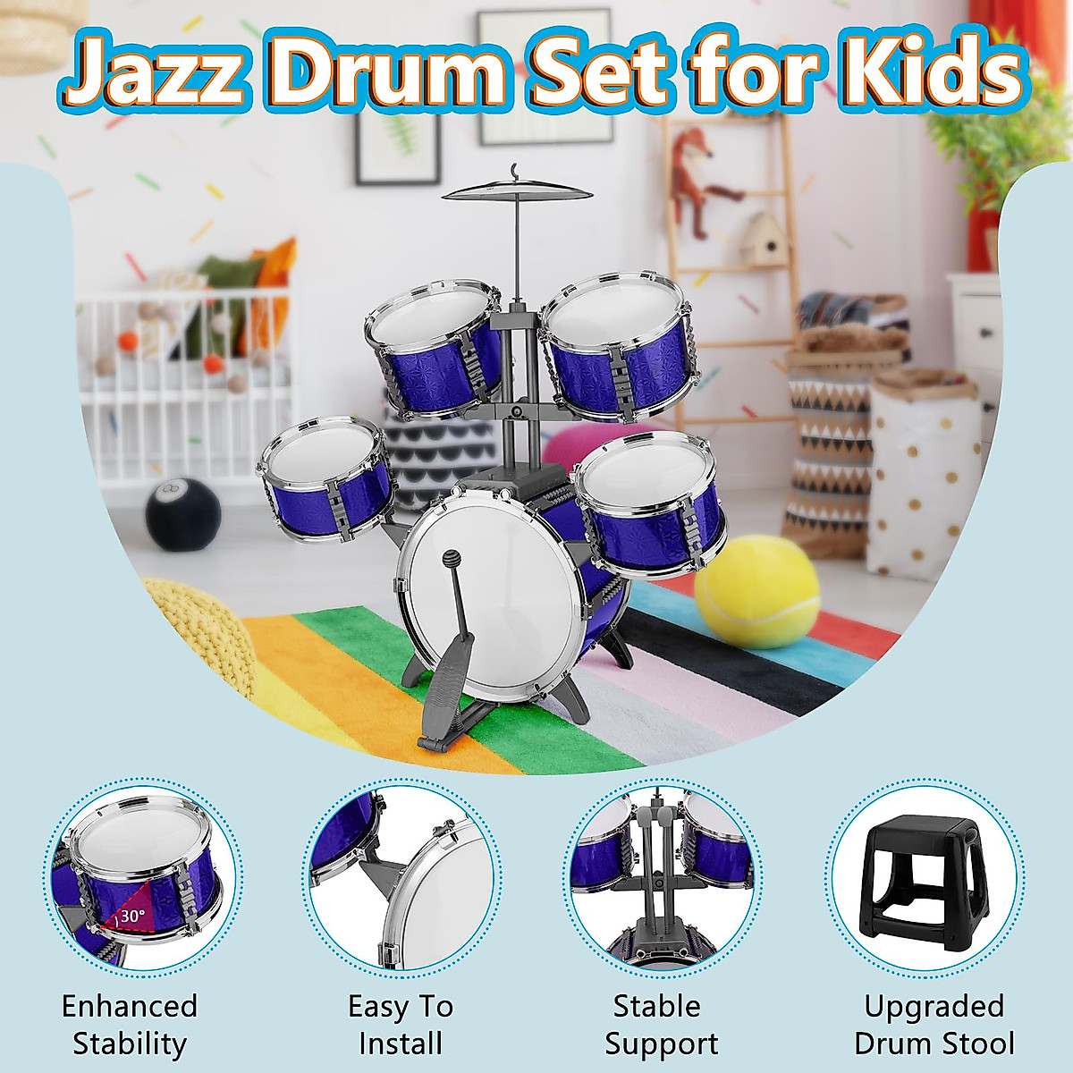 Kids Drum Set 5 Piece Toddlers Jazz Drum Kit with Stool Musical Instrument Toys for 3 4 5 6 7 Year Old Boys Girls Birthday Gift