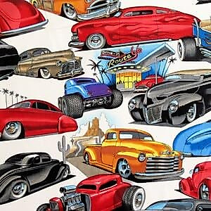 Alexander Henry, Lead Sleds Vintage Cars Hotrod White, Designer Quilting Cotton Fabric, 100% Cotton, 44-45" Wide, by-The-Yard