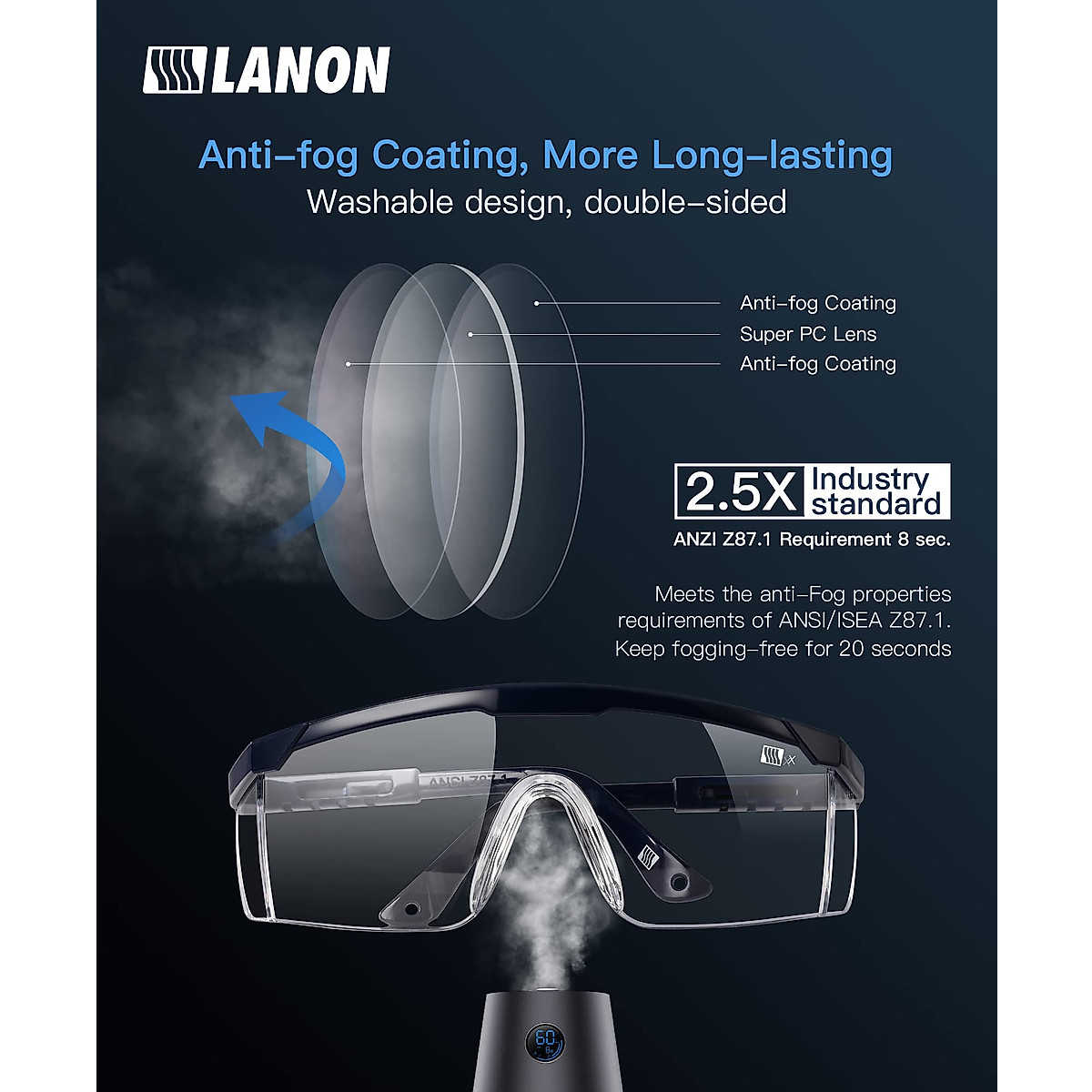 LANON 3 Pack Anti-Fog Safety Goggles with Ajustable Temples, 2.5 Times ANSI Z87.1 Double-sided Antifog, Side Protection, High Transmission, Lightweight