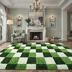 Larhom Modern Checkerboard Rug for Living Room Bedroom, 4x6 Ft Green Checkered Fluffy Carpet, Thickened Memory-Foam Area Rug for Kids Nursery Dorm, Home Decor, Anti-Slip and Easy to Clean