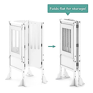 Guidecraft Contemporary Kitchen Helper® Stool and 2 Keepers - White: Wooden, Adjustable Height, Safety Folding Tower for Toddlers