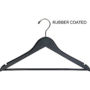 Black Rubberized Wooden Suit Hangers with Solid Wood Bar, Flat Rubber Coated Hangers with Chrome Swivel Hook & Notches (Set of 50) by The Great American Hanger Company
