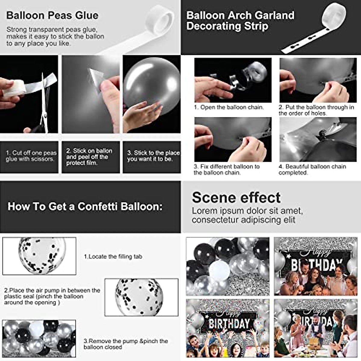 Black and Silver Birthday Party Decorations Black Silver Balloons Arch Garland Kit Silver Black Birthday Photography Backdrop Banner for Kids Adults Anniversary Birthday Party Supplies Decor