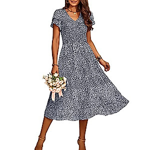 BTFBM Women Casual Summer Short Ruffles Tiered Sleeve Smocked Midi Dresses Bohemian Floral V Neck Wedding Guest Long Dresses（Floral Dark Blue,Large