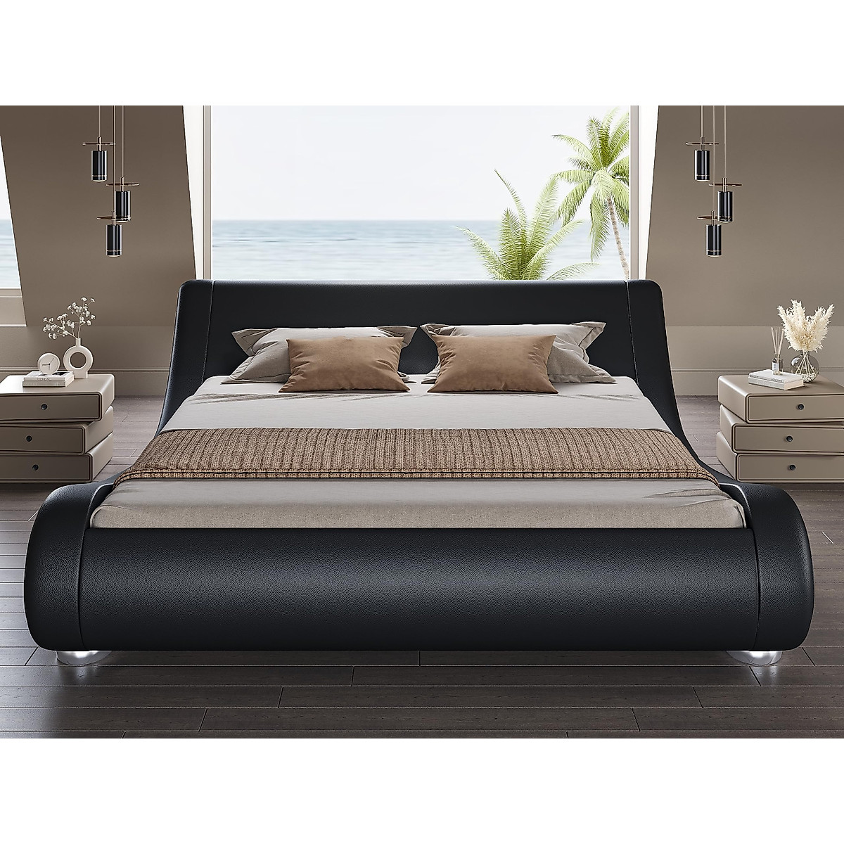 SHA CERLIN King Size Upholstered Bed Frame, Deluxe Low Profile Sleigh Bed with Faux Leather Ergonomics Headboard, No Box Spring Needed & Easy Assembly, Black