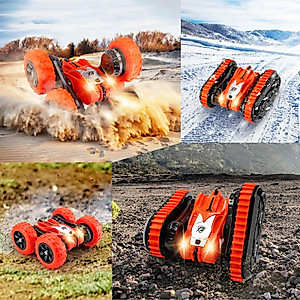 Makerfire Stunt Remote Control Car,2-in-1 Rc Cars 2.4GHz Double-Sided Driving 360° Flips Rotating with Headlights RC Crawler,4WD Car Toy Gift for Kids, Suitable for Playing on Grass,Sand,Snow-Orange