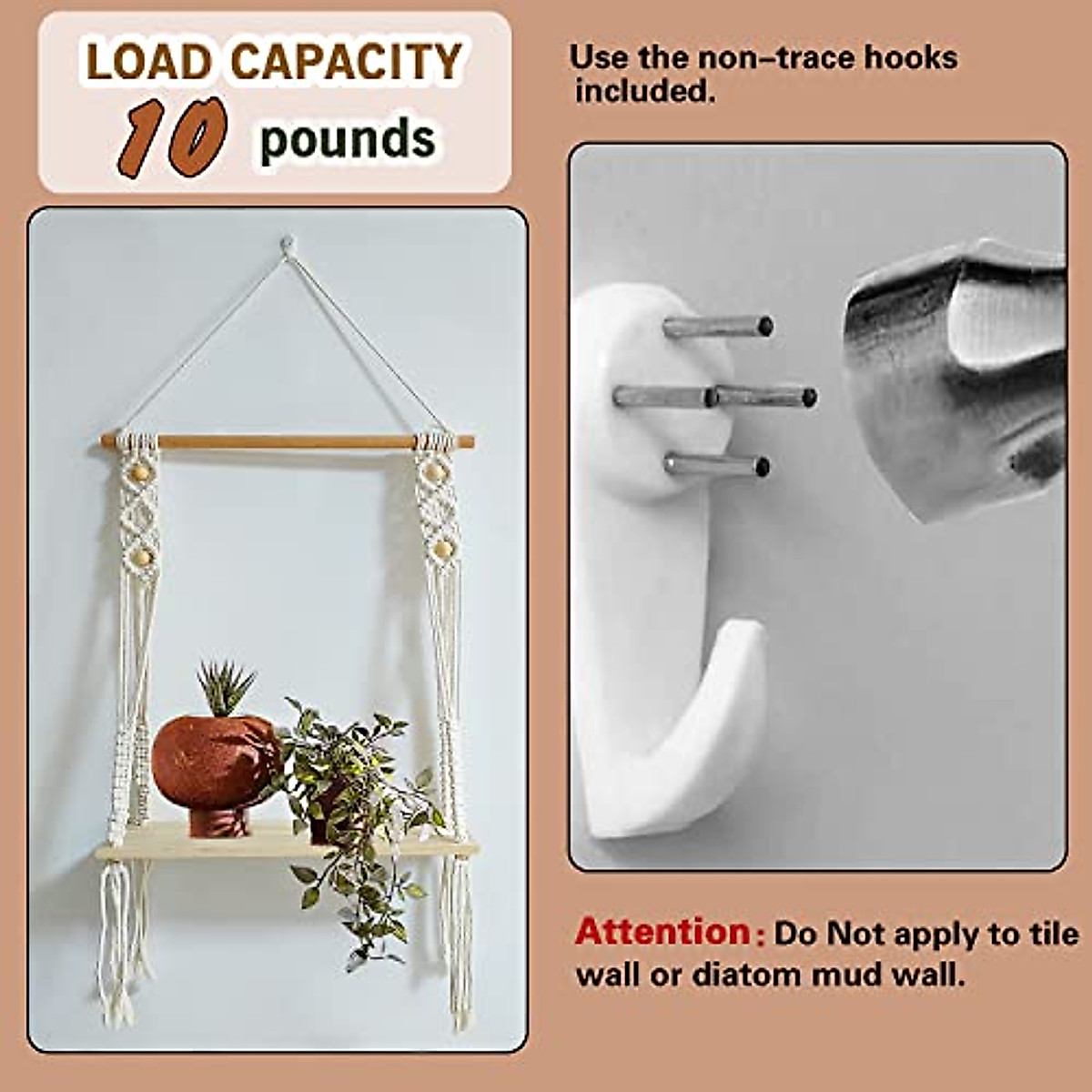 Axgo Macrame Hanging Shelves, Handmade Bohemian Woven Hanging Shelves Macrame Wall Hanging Shelf 16" x 6" Boho Wall Decor for Books Photos Collectibles Small Plants Perfumes