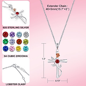 AM ANNIS MUNN Cross Necklace for Women, 925 Sterling Silver Birthstone Necklace for Women Rose Flower Birthstone Womens Jewelry Birthday Gifts for Women