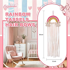NICROLANDEE Rainbow Tassels Hair Bows Holder Hanging - Baby Hair Accessories Storage Headband Holder Hair Clips Organizer Wall Hanger Decor for Baby Girls Room Ornament (Pink Yellow)