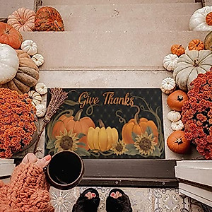 Xiumei Pumpkin Sunflower Welcome Mat Fall Thanksgiving Doormat Give Thanks Outdoor Rug Non Slip Entrance Outdoor Indoor Doormat 30" x 17"