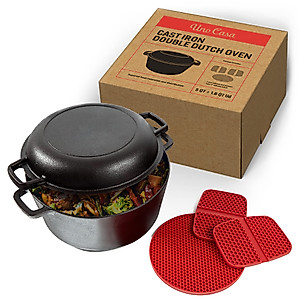 Uno Casa 2in1 Dutch Oven Large - 5 Quart Dutch Oven Pot with Lid, Seasoned Cast Iron Camping Stove for Bread, Heavy Duty Cast Iron Pot with Frying Pan