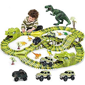 Dinosaur Toys, 260 Pcs Dinosaur Car Race Track Toy with 3 Cars Playset, Includes 250 Flexible Train Track, 7 Dinosaur and 2 Dinosaur Head Best Gift for Boys Girls Ages 3 4 5 6 7Years Old and Up