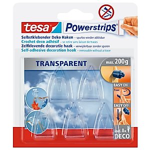 tesa Adhesive Hooks for Glass - Invisible Hanging Hooks for Mirrors & Transparent Surfaces - Holds up to 0.2 kg per Hook - Pack of 5 incl. 8 Adhesive Strips